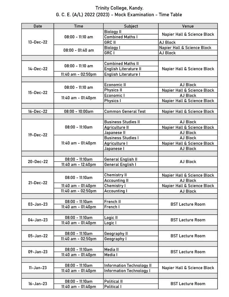 Central Province Mock Exam Timetable for Grade 14 – 2022/2023 | Trinity ...