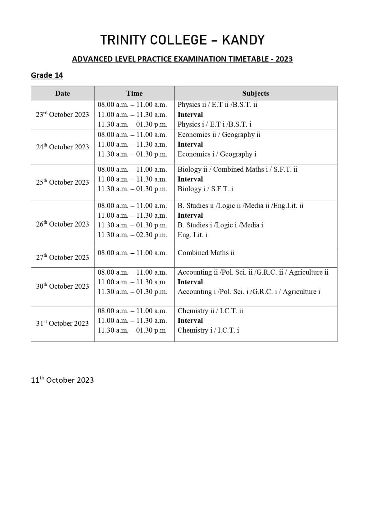 Grade 14 Practice Examination Time Table – 2023 | Trinity College Kandy ...
